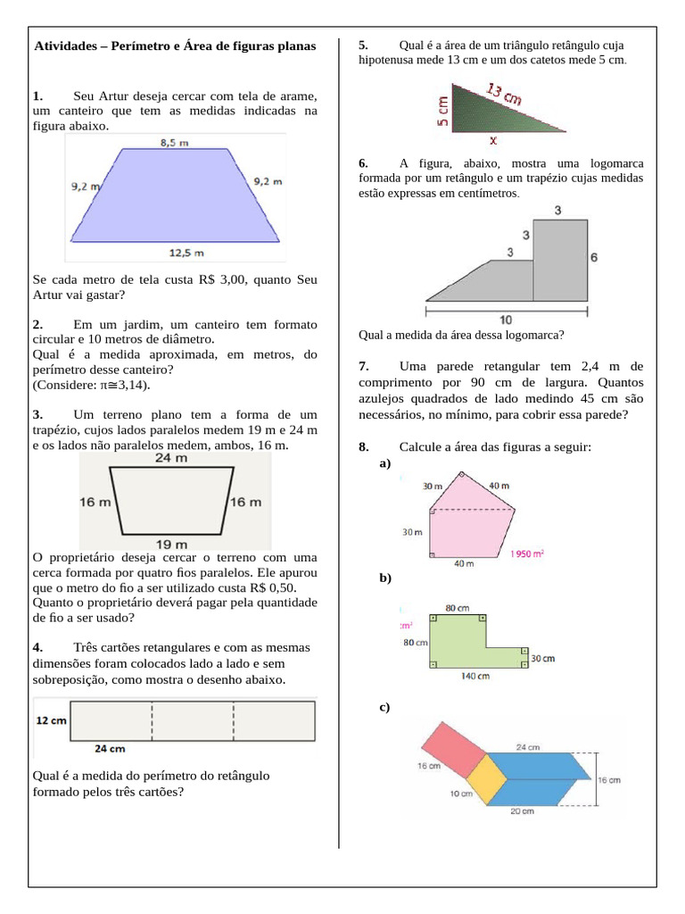 Problemas de Perímetro e Área de Figuras Planas | PDF