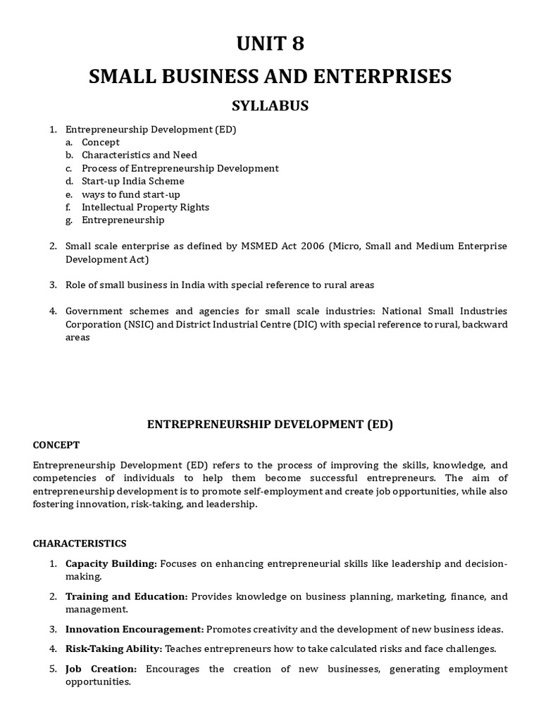 NOTES_UNIT_8_SMALL_BUSINESS_AND_ENTERPRISES_ | PDF | Entrepreneurship ...