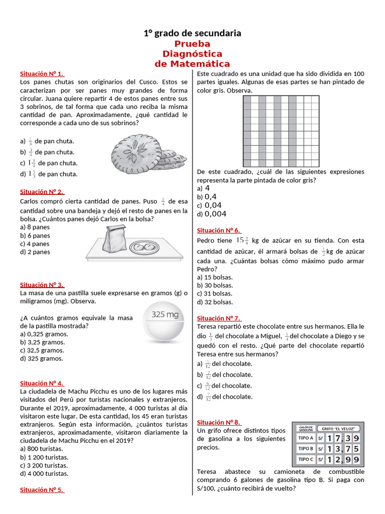 Prueba Diagnóstica Matemática - 1ro. Secundaria | PDF