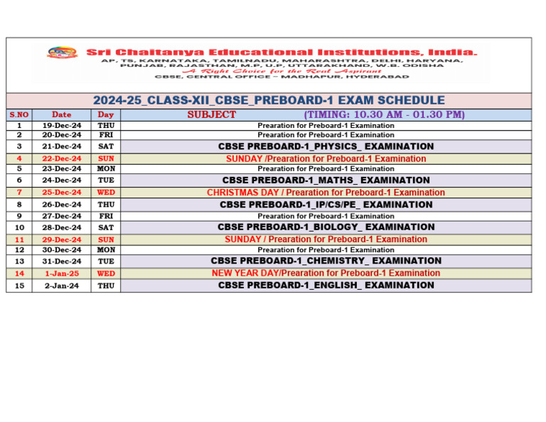 CBSE Preboard-1 Exam Schedule 2024-25 | PDF