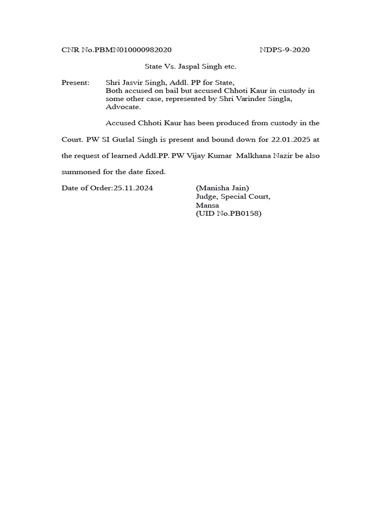 Date of Order:25.11.2024 (Manisha Jain) Judge, Special Court, Mansa | PDF