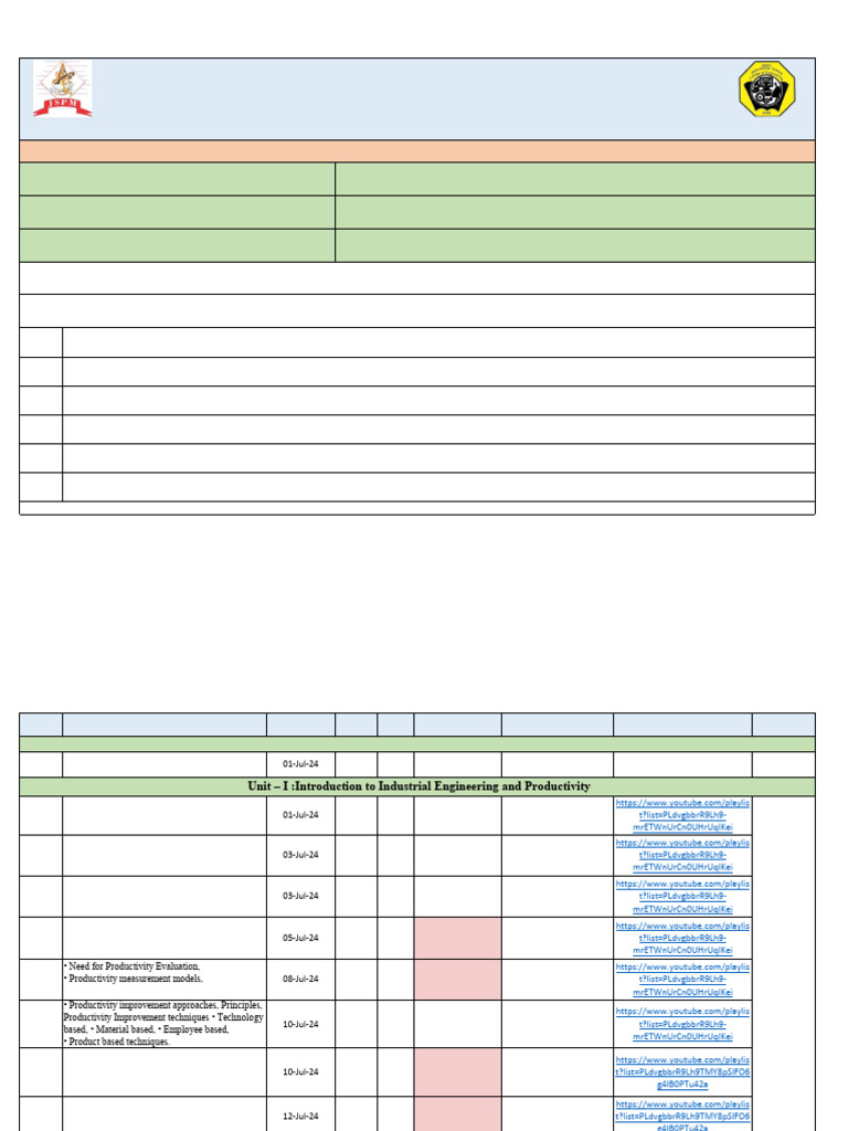 Teaching Plan Elective-III (Industrial Engineering) 2024-25 | PDF | Learning | Industrial ...