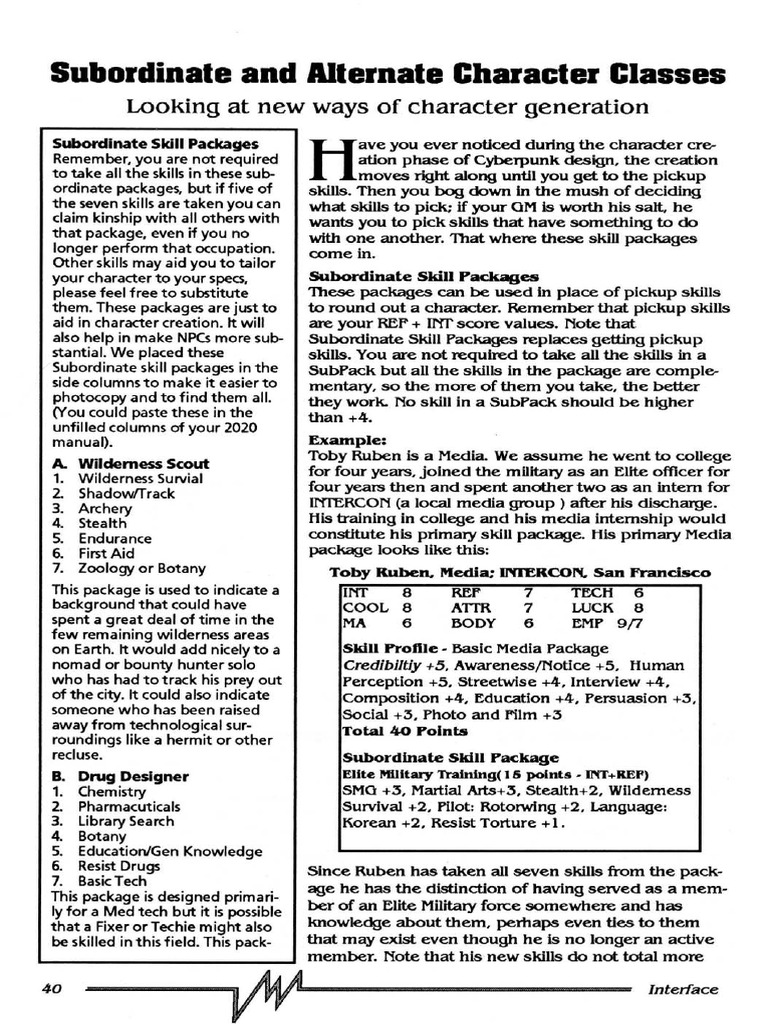 Cyberpunk - Character Generation - Subordinate & Alternate Classes | PDF