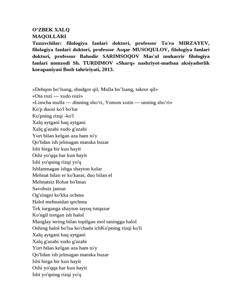 O'zbek Xalq Maqollari | PDF