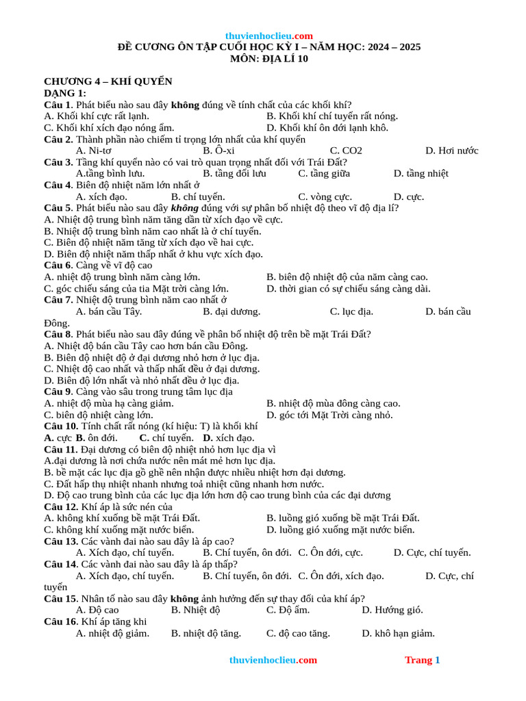 De Cuong On Tap HK 1 Dia Li 10 KNTT Nam 24 25 | PDF