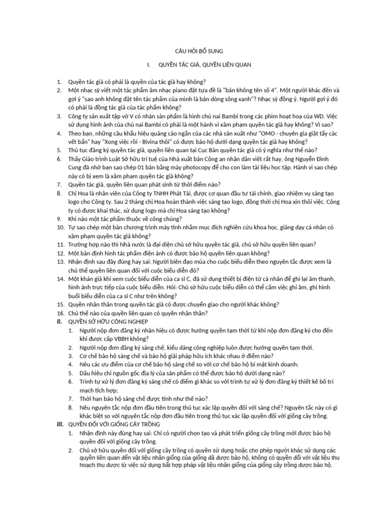 (SHTT) Câu Hỏi Vấn Đáp Cuối Kỳ | PDF