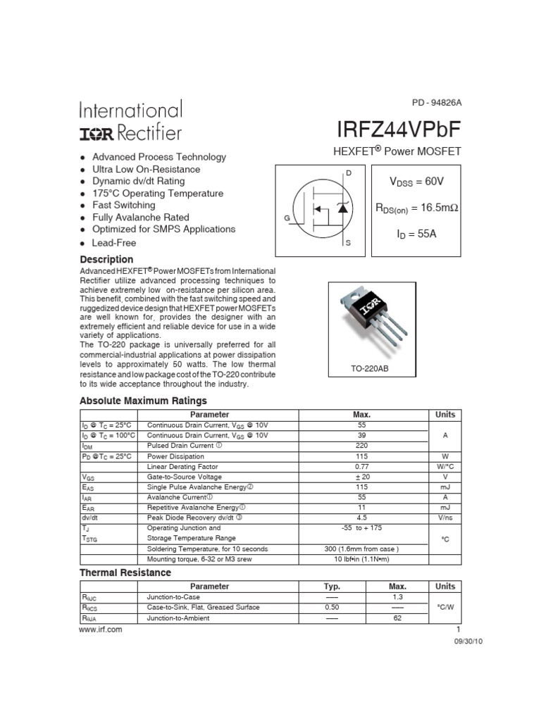 Infineon IRFZ44V DataSheet v01 - 01 EN | PDF | Diode | Electrical Engineering