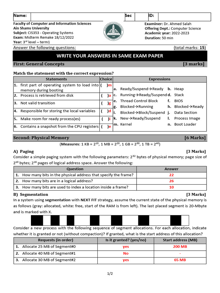 OS'22 NewBylaw MidtermRemake Term1 ModelAnswer | PDF | Computer Memory | Computer Hardware