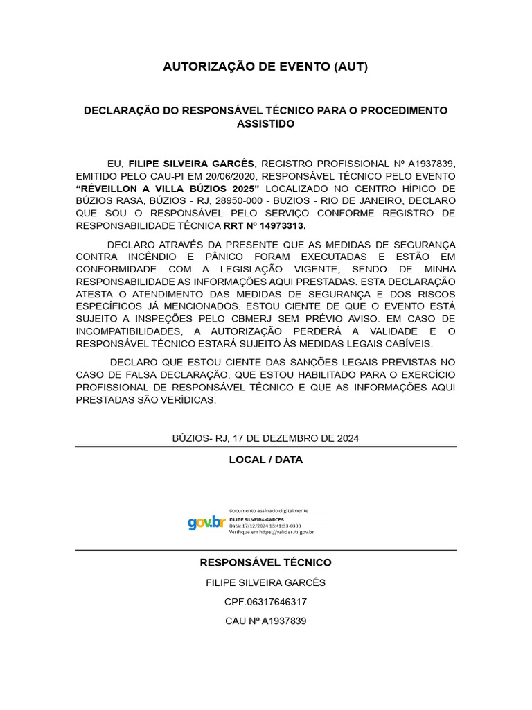 Declaracao de Responsavel Tecnico- A Villa 2025 Assinado (2) | PDF Declaracao de Responsavel Tecnico- A Villa 2025 Assinado (2) | PDF