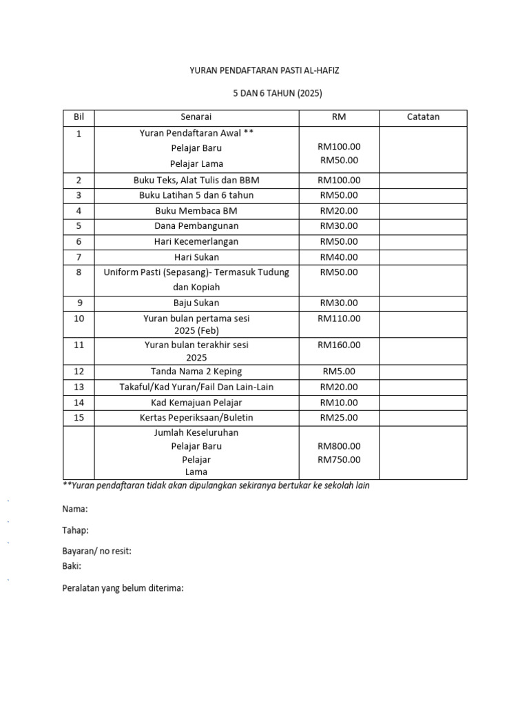 Yuran Pendaftaran Pasti 2025 | PDF