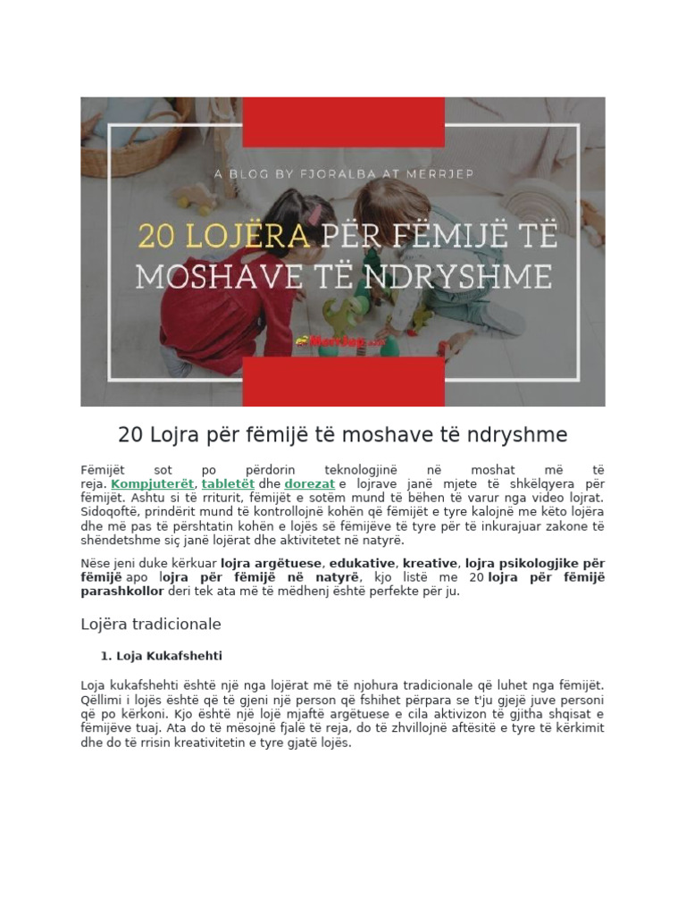 20 Lojra Për Fëmijë Të Moshave Të Ndryshme | PDF