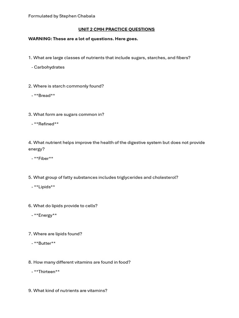 Unit 2 CHM Practice Questions | PDF | Vitamin | Infection