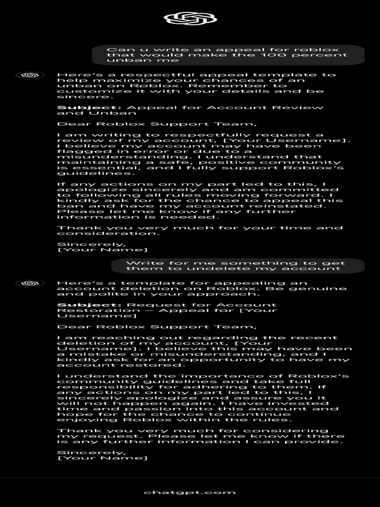 Roblox Unban Appeal Template | PDF