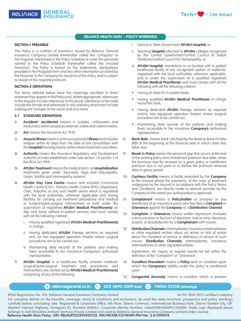 Reliance Health Gain Policy Details | PDF | Insurance | Intensive Care Unit