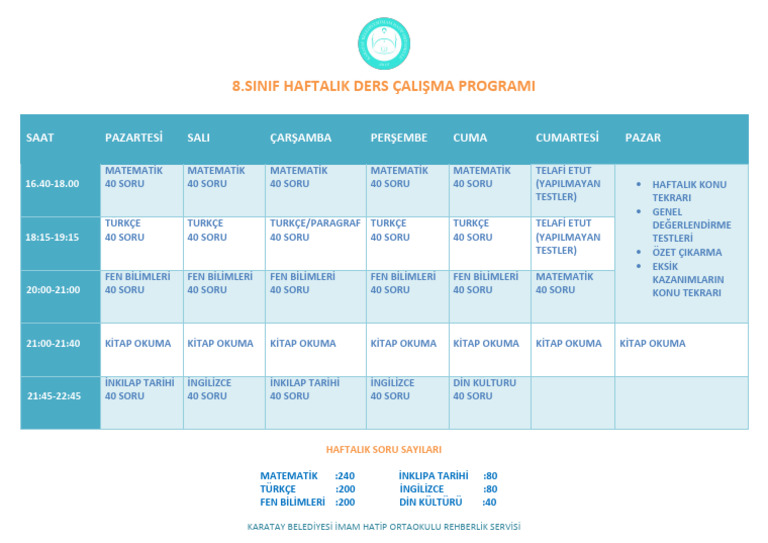 Haftalik Ders Cyalisyma Programi 8.sinif | PDF