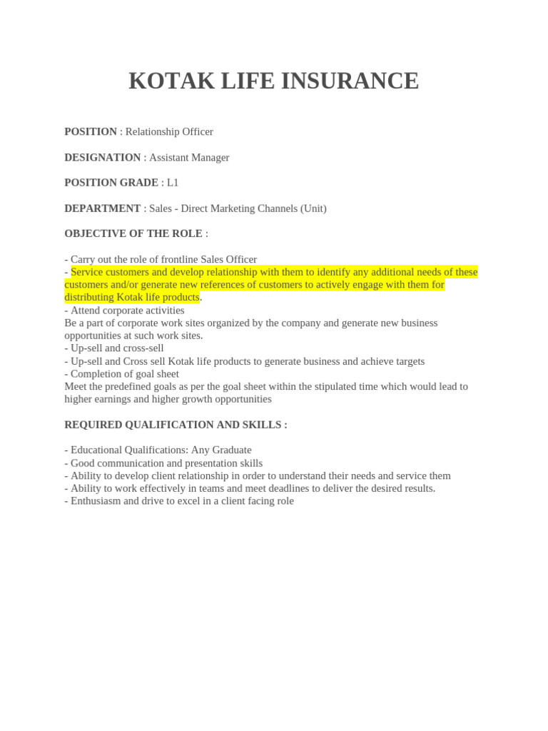 Kotak Life Insurance Relationship Officer Role | PDF