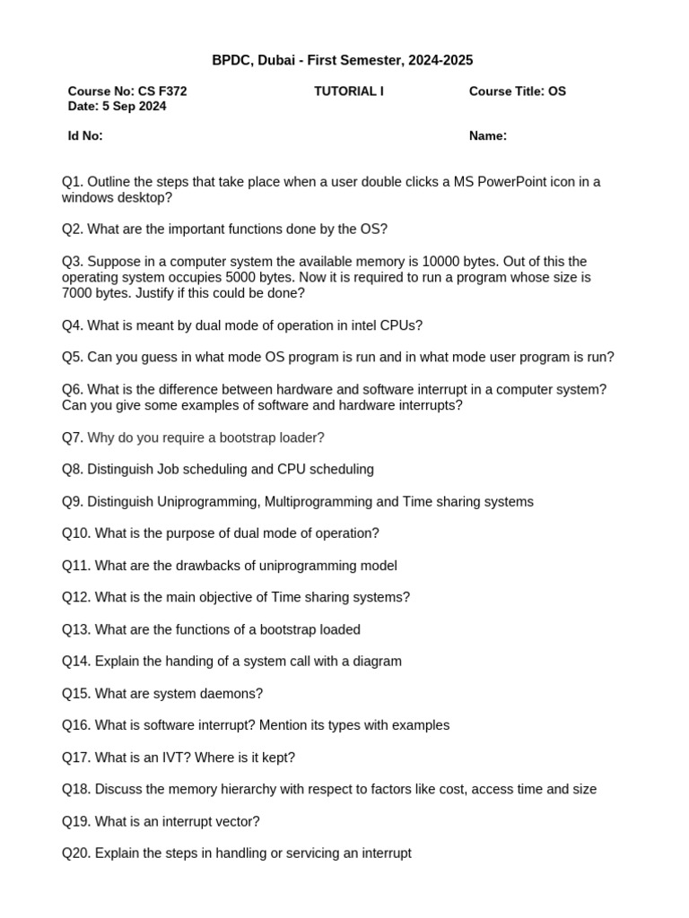 OS Tutorial 1 Ques | PDF