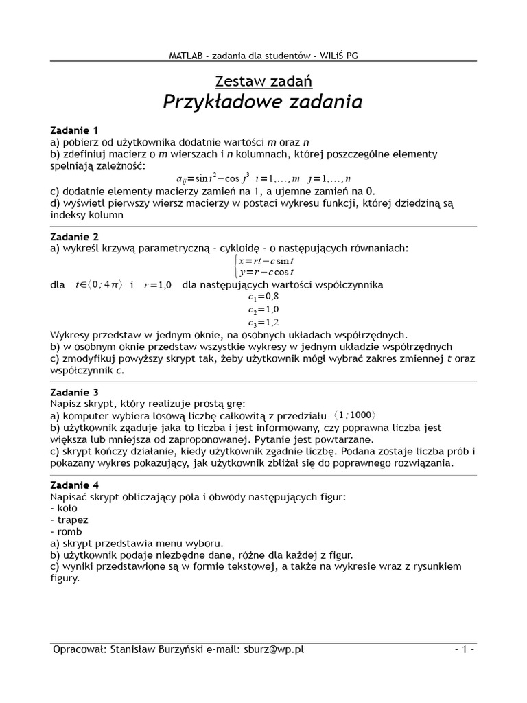 MATLAB Zestaw Przykladowe Zadania | PDF