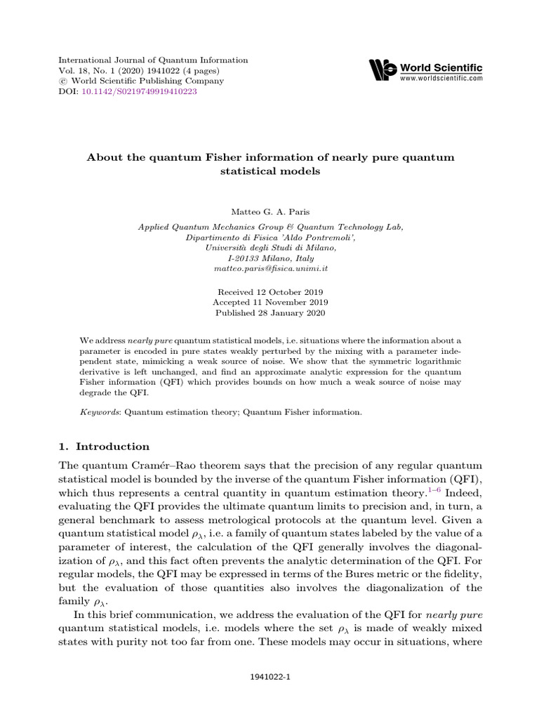 M.G.a Paris - About The Quantum Fisher Information of Nearly Pure Quantum Statistical Models ...