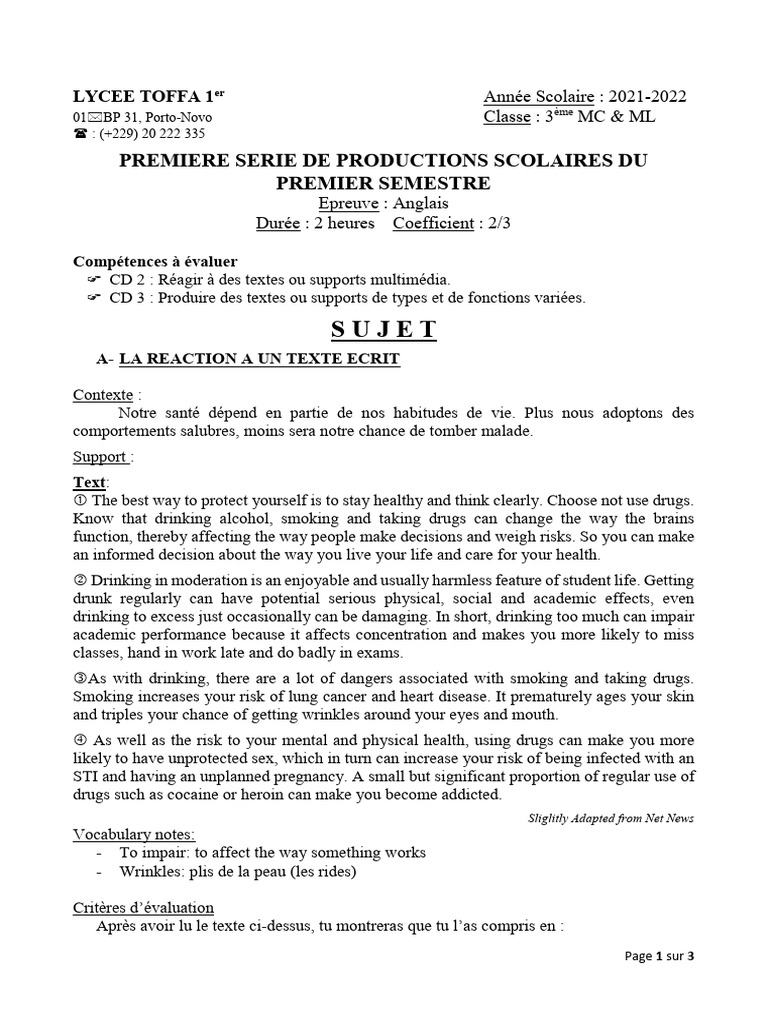 1er Devoir Du 1er Semestre Anglais 3ème 2021-2022 Lycee Toffa 1er | PDF | Health Sciences ...