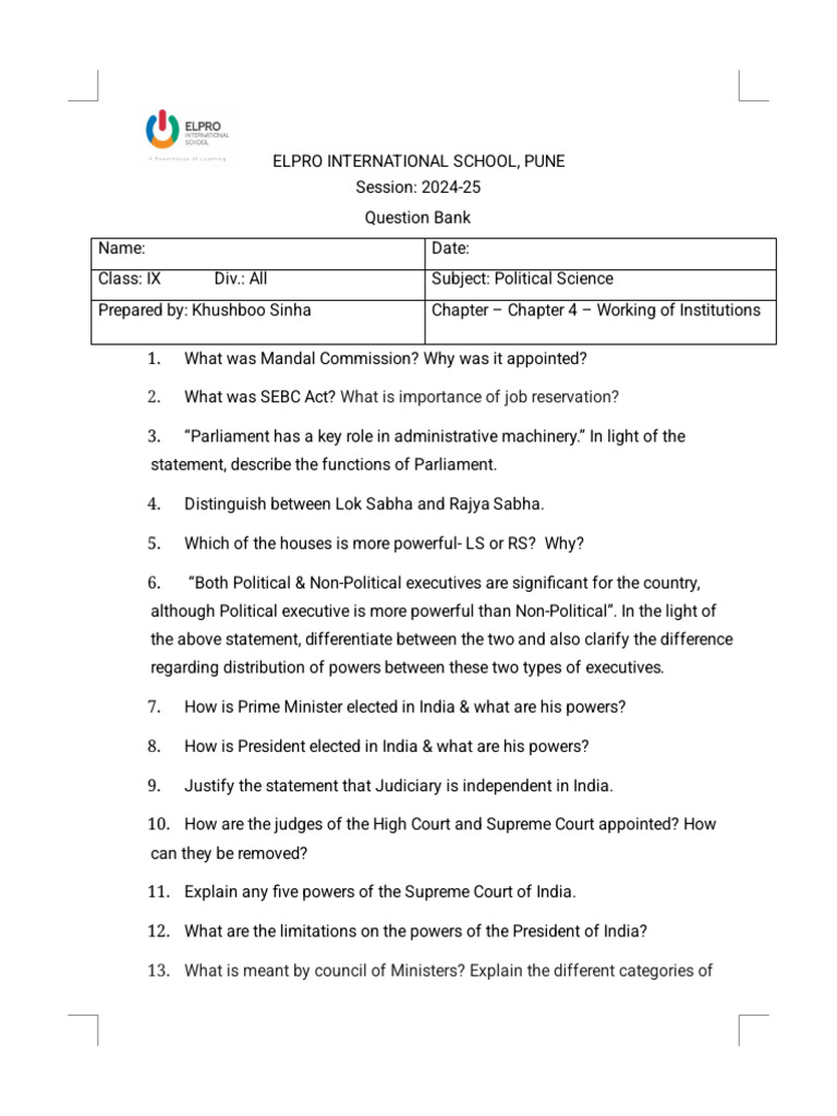 QB - IX - PolSci - WORKING OF INSTITUTIONS - 2024-25 | PDF