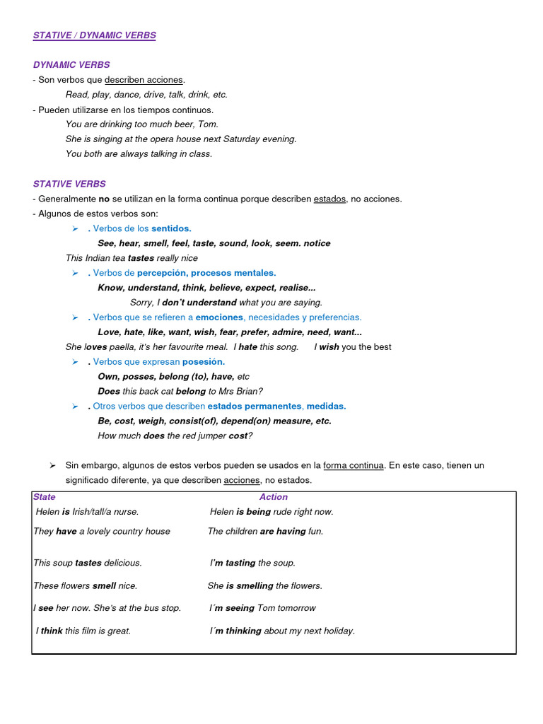 Stative vs Dynamic Verbs Explained | PDF