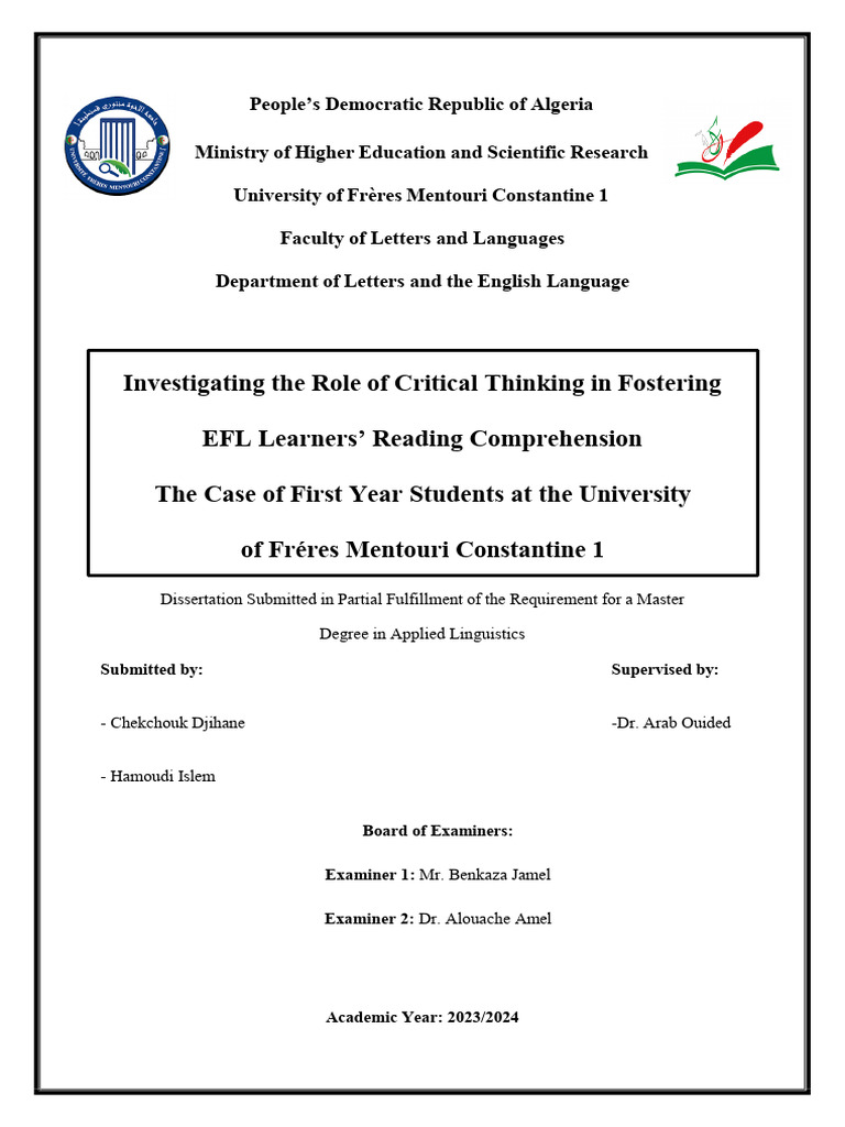 Investigating The Role of Critical Thinking in Fostering EFL Learners ...