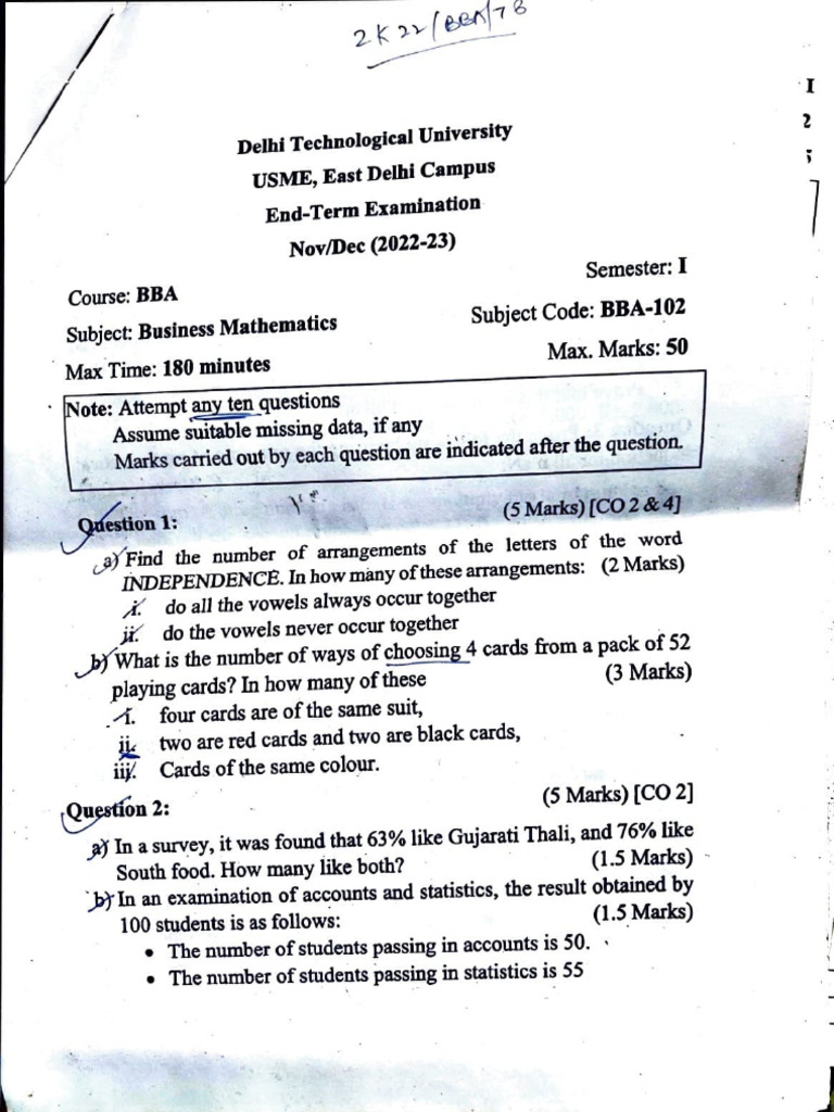 bba sem 1 maths paper | PDF