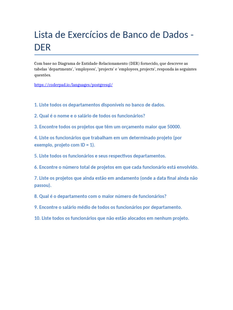 Exercícios de Banco de Dados com DER | PDF