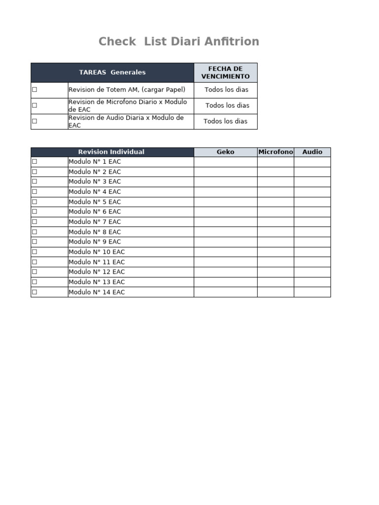Checklist Diario Anfitrión EAC | PDF