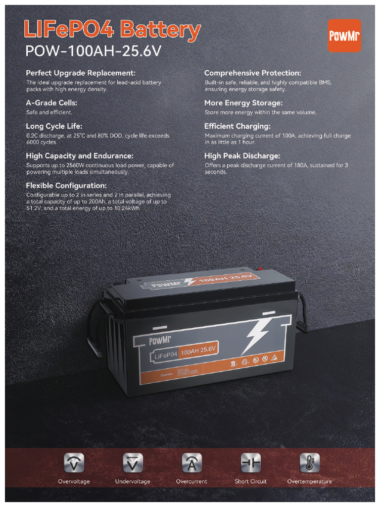 Powmr Pow-100ah-25.6v Lifepo4 Battery | PDF | Physical Quantities ...