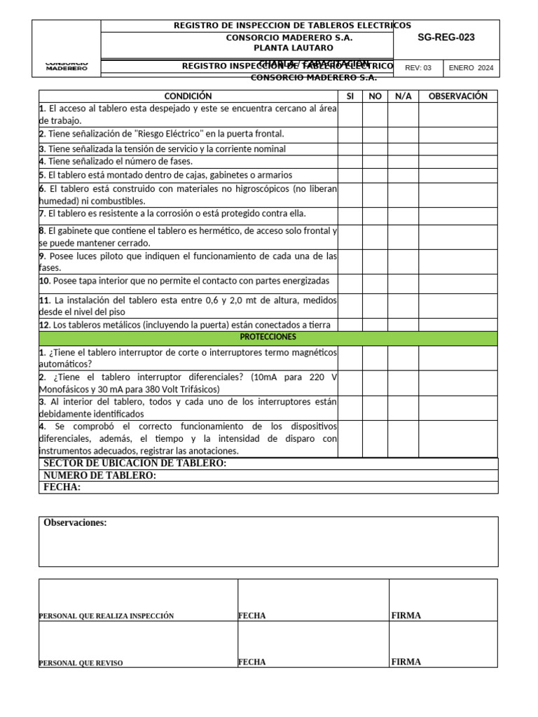 Sg Reg 023 Check List Tableros Eléctricos Pdf