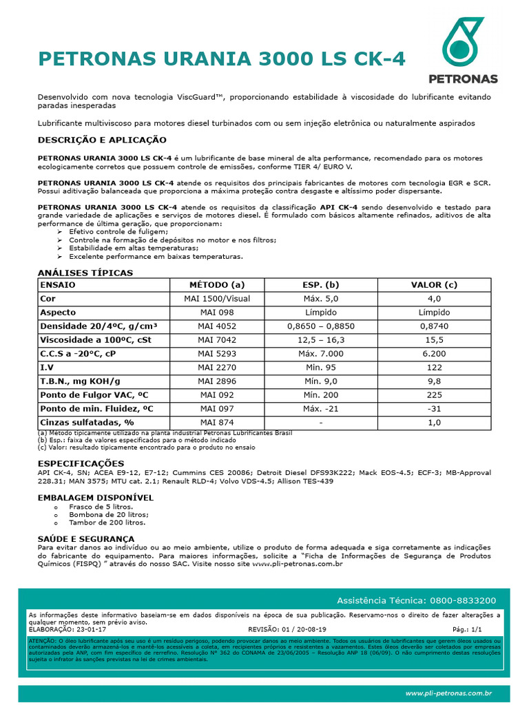 PETRONAS URANIA 3000 LS CK-4_rev1 | PDF | Diesel