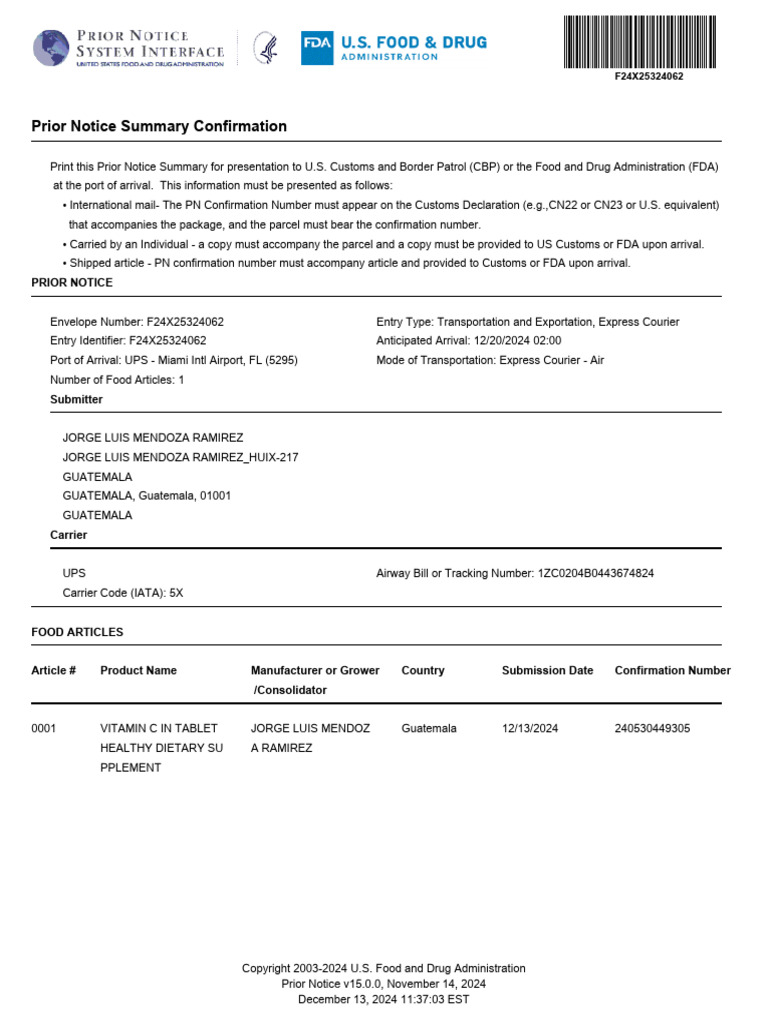 Prior Notice Summary for FDA Customs | PDF