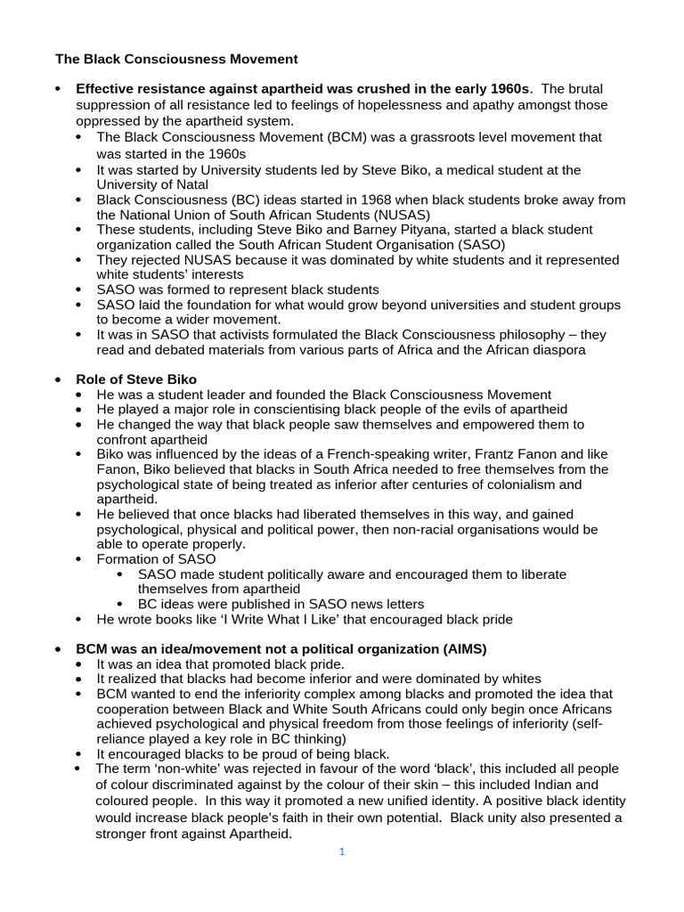 Black Consciousness Movement Overview | PDF | Apartheid