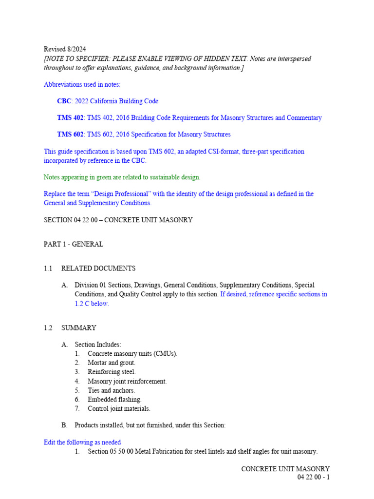 Concrete Unit Masonry Specification Guide | PDF | Concrete | Masonry