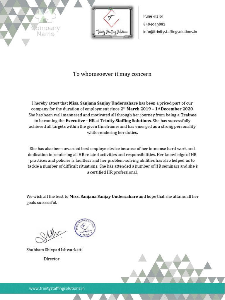 TSS Execuitive - HR Experience Letter - Sanjana Sa - 230810 - 172538 | PDF