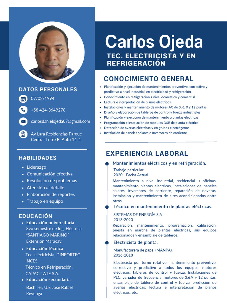 CV Carlos Ojeda 27-11-24 | PDF | Electricista | Electricidad