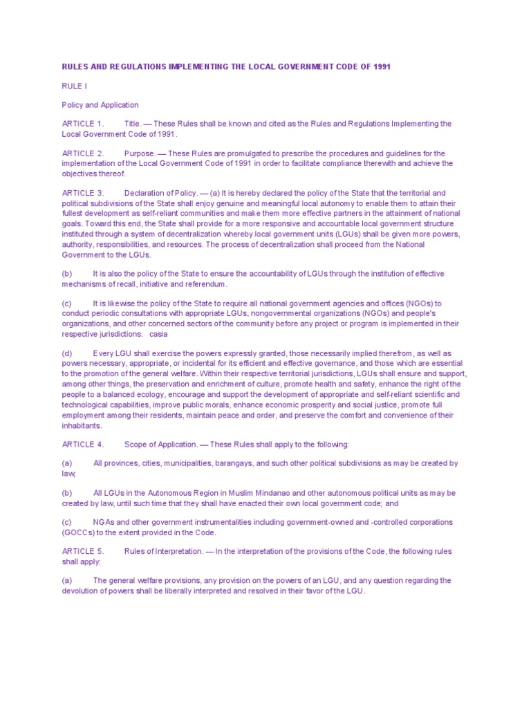 RA7160 - Implementing Rules and Regulations | PDF | Local Government ...