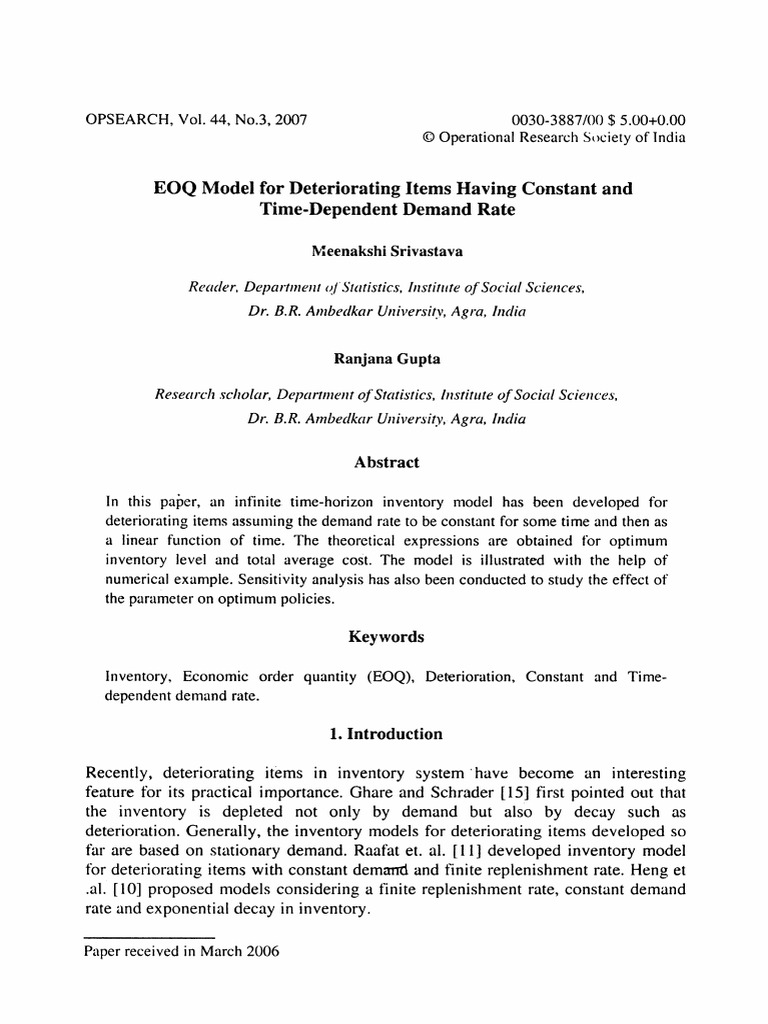 Eoq Model For Deteriorating Items Having Constant And Time Dependent Demand Rate Pdf Demand