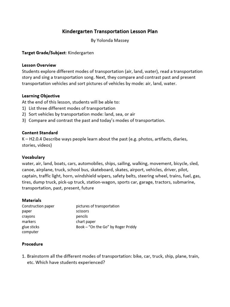 Kindergarten Transportation Lesson Plan | PDF