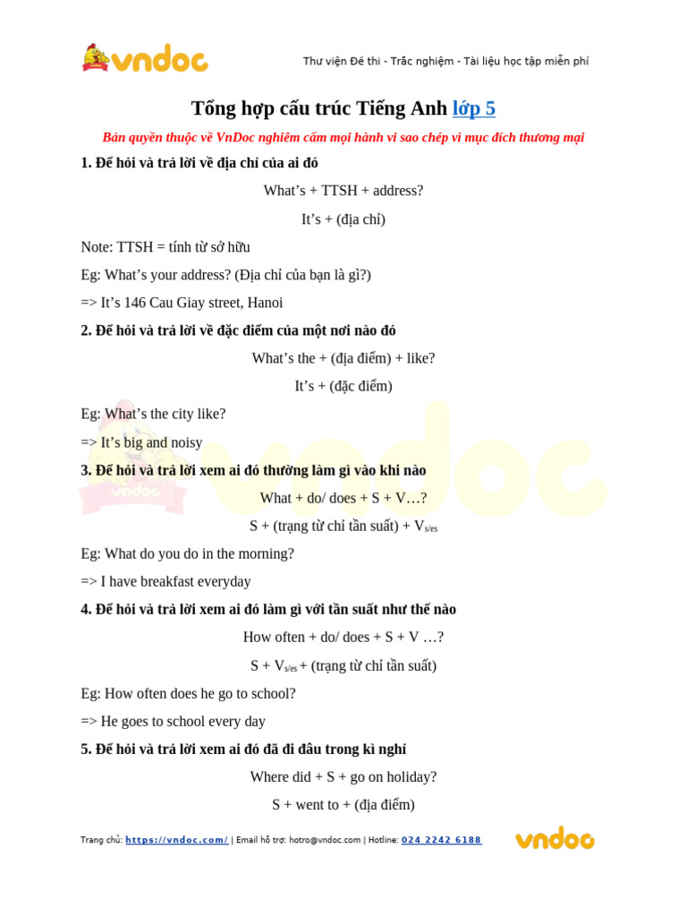 Tong Hop Cau Truc Tieng Anh Lop 5 | PDF