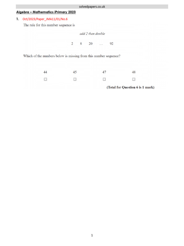 2023oct Algebra Edexcel Math IPrimary | PDF