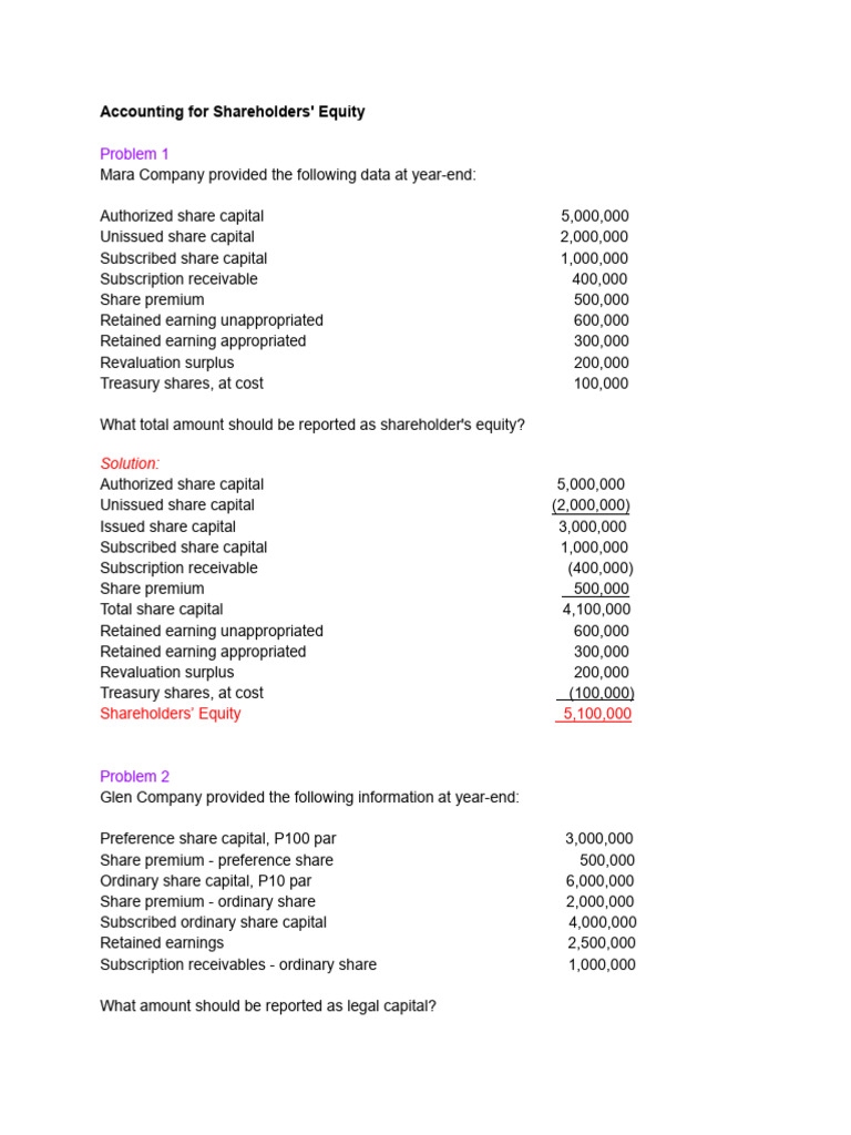 Problem Accounting For Shareholders Equity | PDF | Capital Surplus ...