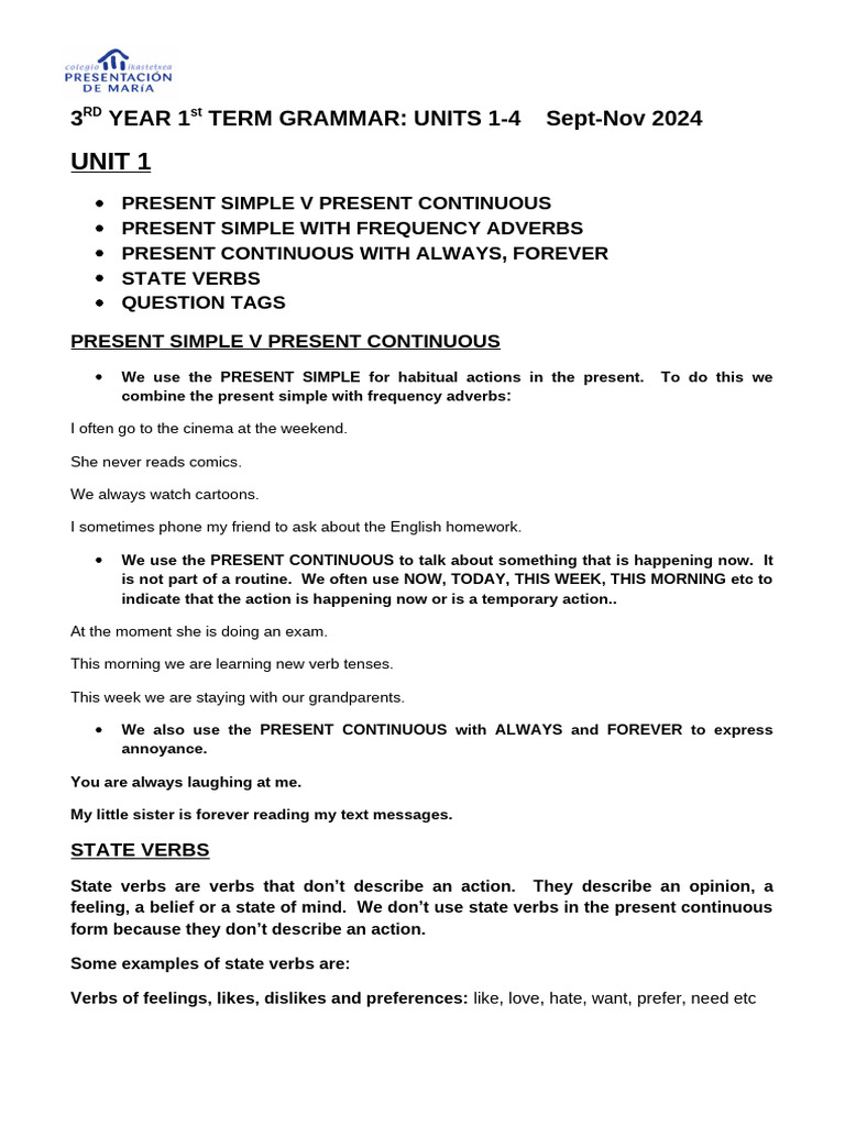 3rd year 1st term grammar units 1-4 (1) | PDF | Linguistics | Grammar