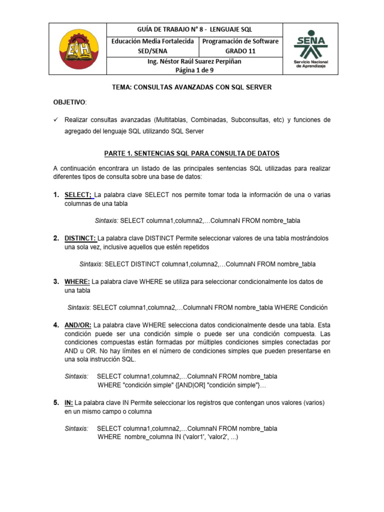 Guia8-Consultas Avanzadas (SQL Server) | PDF | SQL | Software de gestión de datos