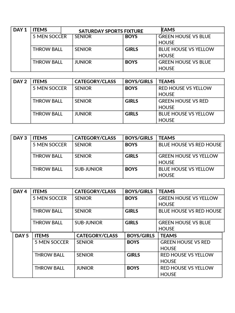 Saturday Sports Fixture | PDF | Sports | Ball Games
