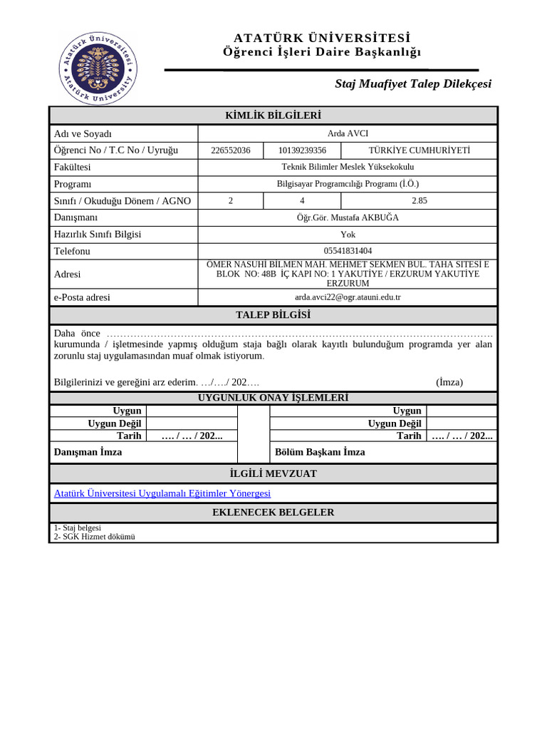 Staj Muafiyet Talep Dilekcesi | PDF