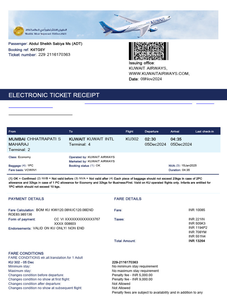 Kuwait Airways E-Ticket Details | PDF