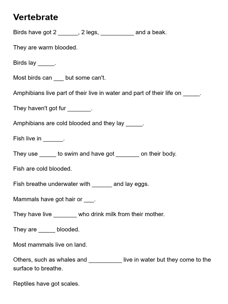 Vertebrate Characteristics Worksheet | PDF
